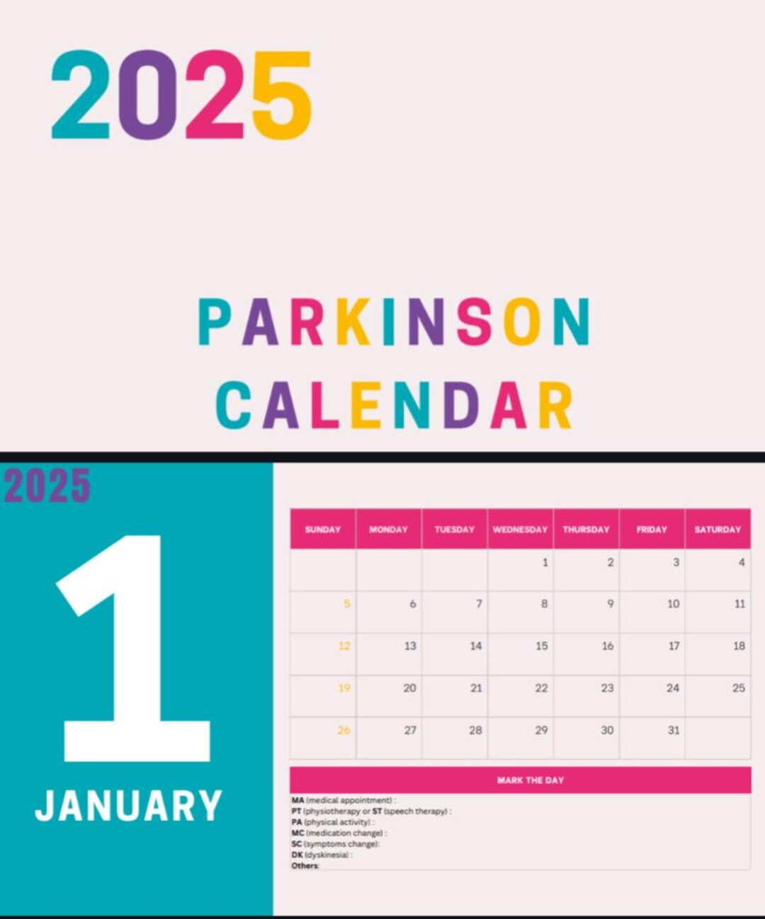 Parkinson Calendar for 2025, Symptoms and Medication Tracker, Parkinson ...