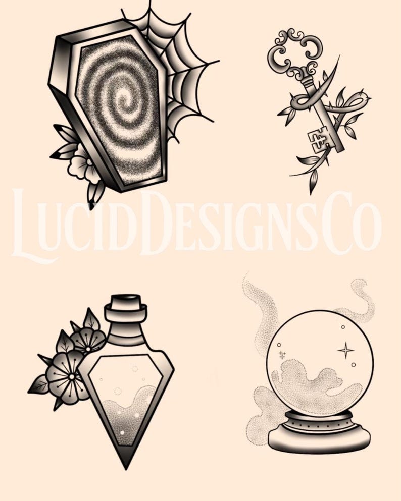 Witchy Flash Sheet – Mystical Objects Tattoo Flash – Digital Download ...