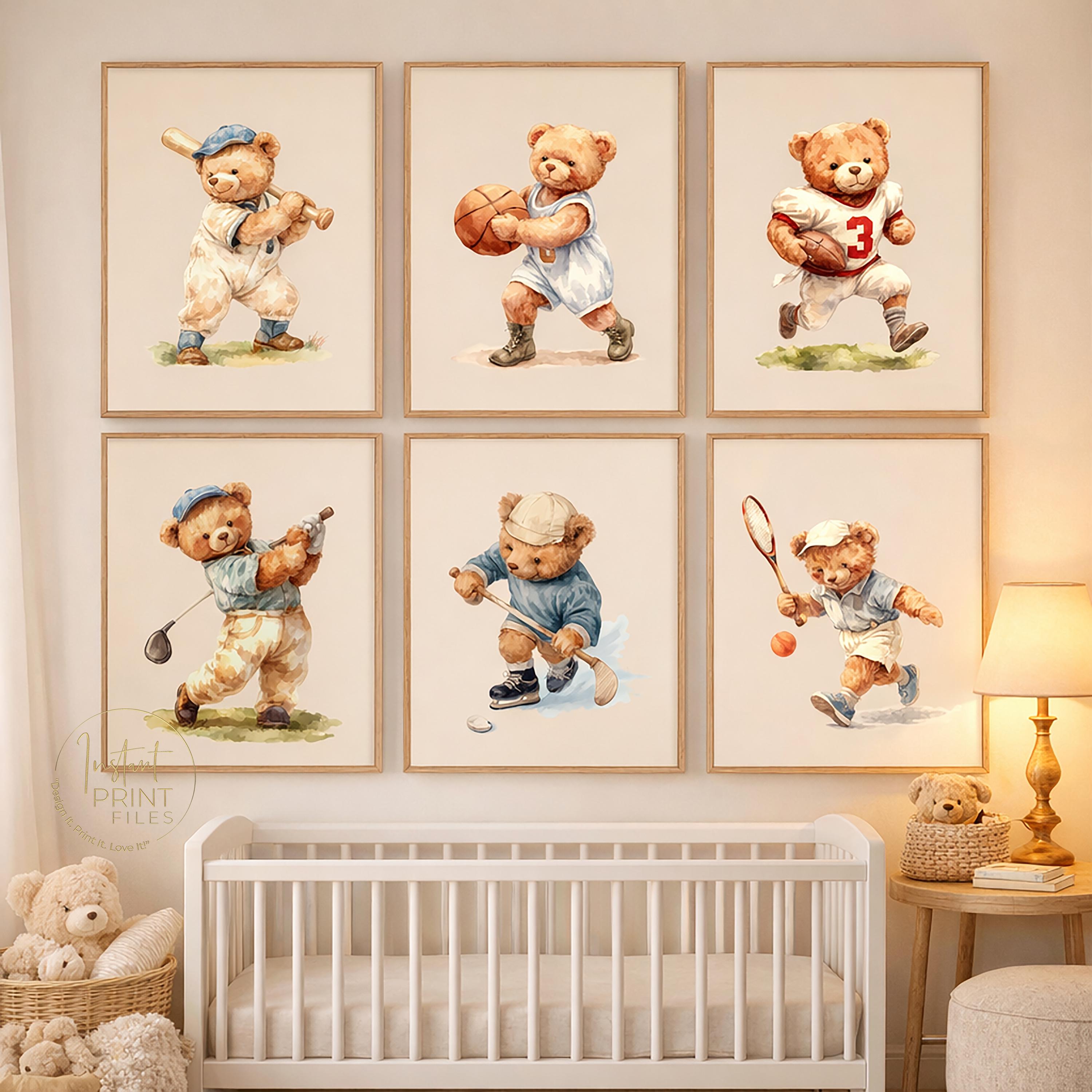 Teddy Bear Sports Wall Art Set of 6, Vintage Printable Watercolor ...