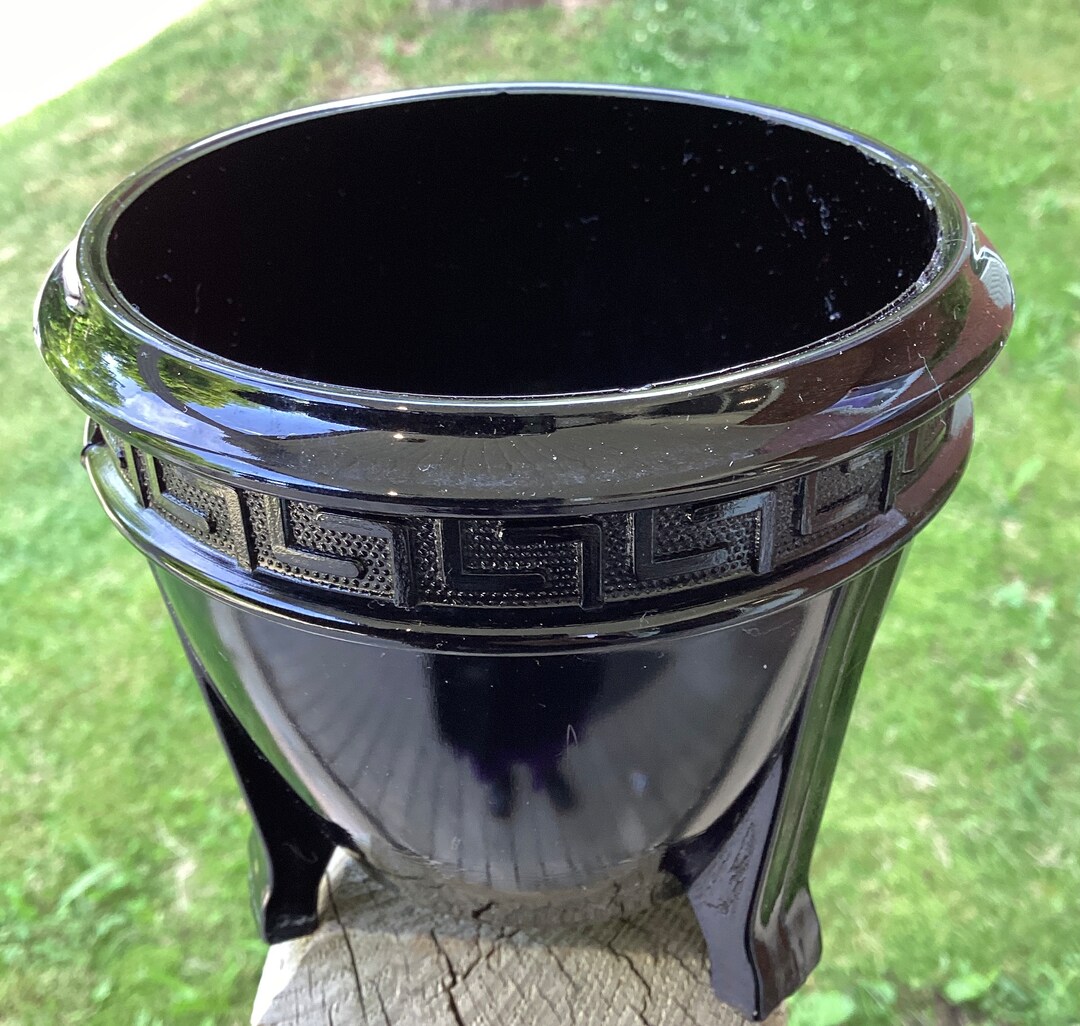 Vintage LE Smith Black Glass Cauldron Vase: Art Deco Greek Key Footed ...