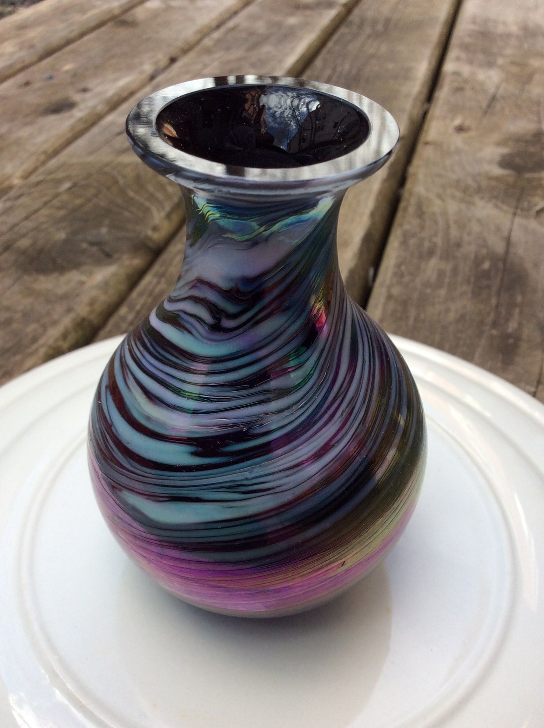 Vintage Goth Vase Iridescent Purple and Black Swirled Glass Small Vase ...