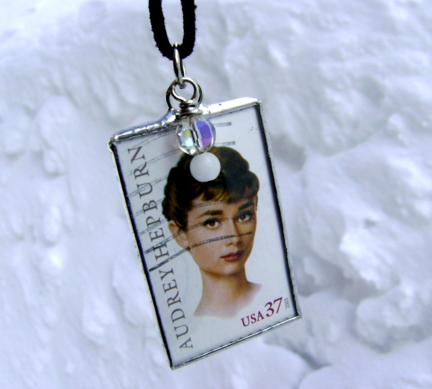 Audrey Hepburn Vintage Postage Stamp Encased Glass Pendant, Hollywood ...
