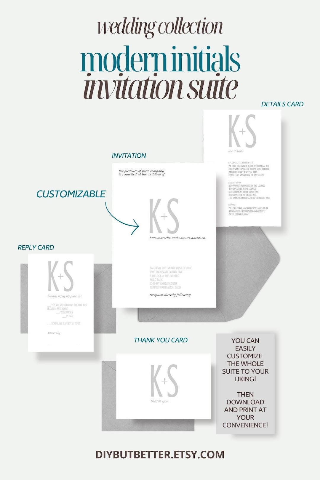 Modern Initials, Simple Look, Wedding Invitation Set, Editable ...