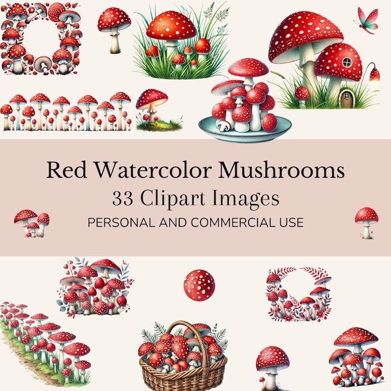 Red Mushroom Watercolor Clipart Bundle, Fairy Tale PNG (digital ...