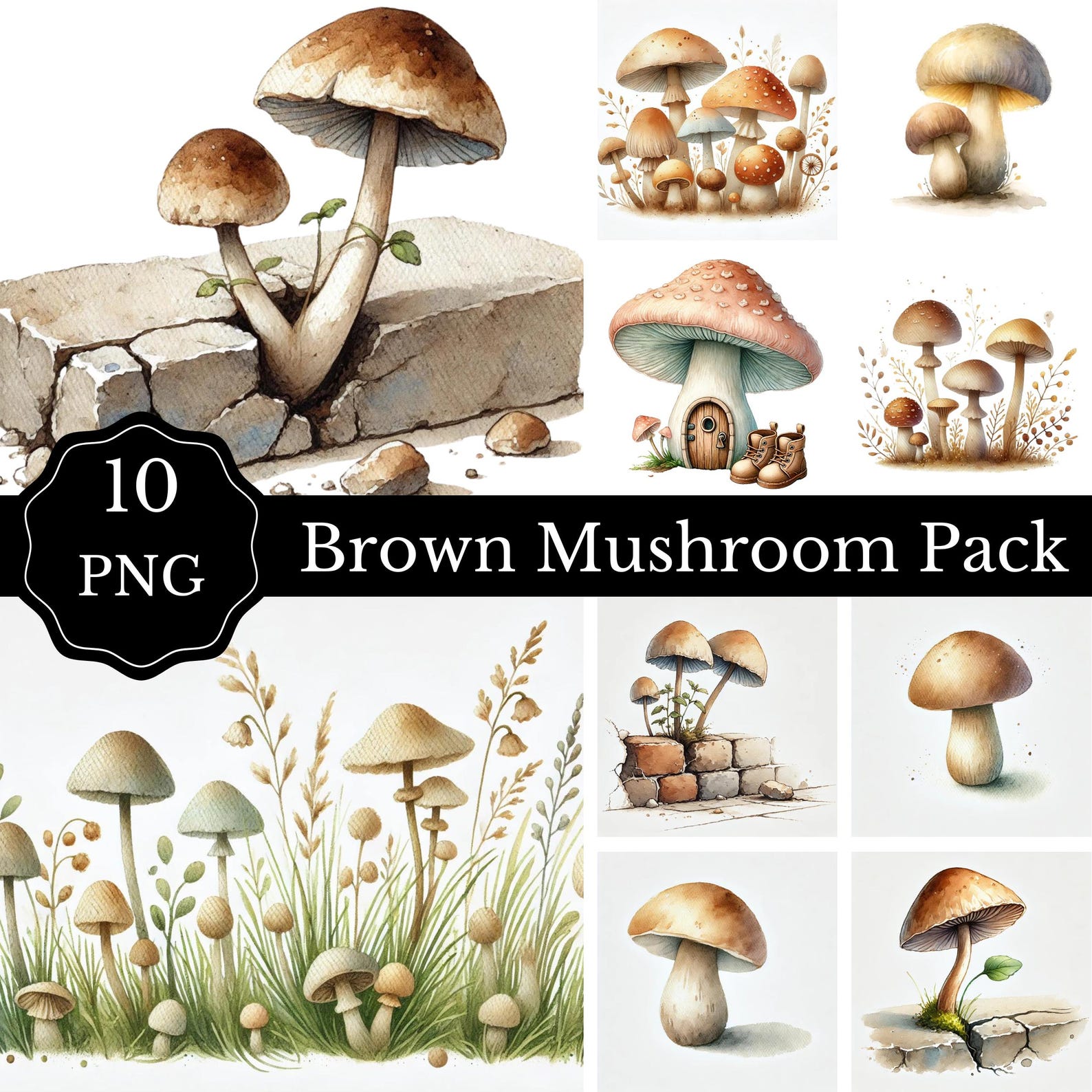 Brown Mushroom Watercolor Clipart Bundle, Nature Graphics (PNG Instant ...
