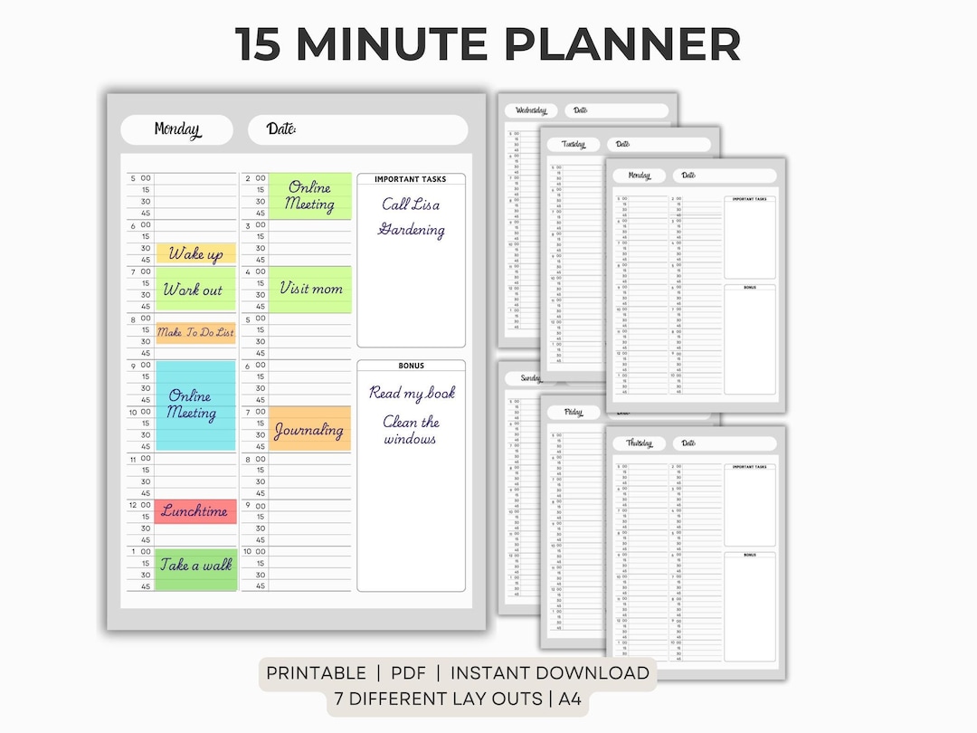 15 Minute Planner Printable A4 Daily Hourly Planner Appointment Tracker ...