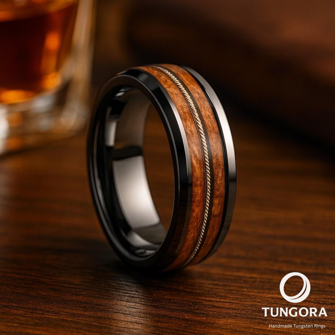 Whiskey Barrel Wood Tungsten Ring: Guitar String Inlay, Gunmetal ...