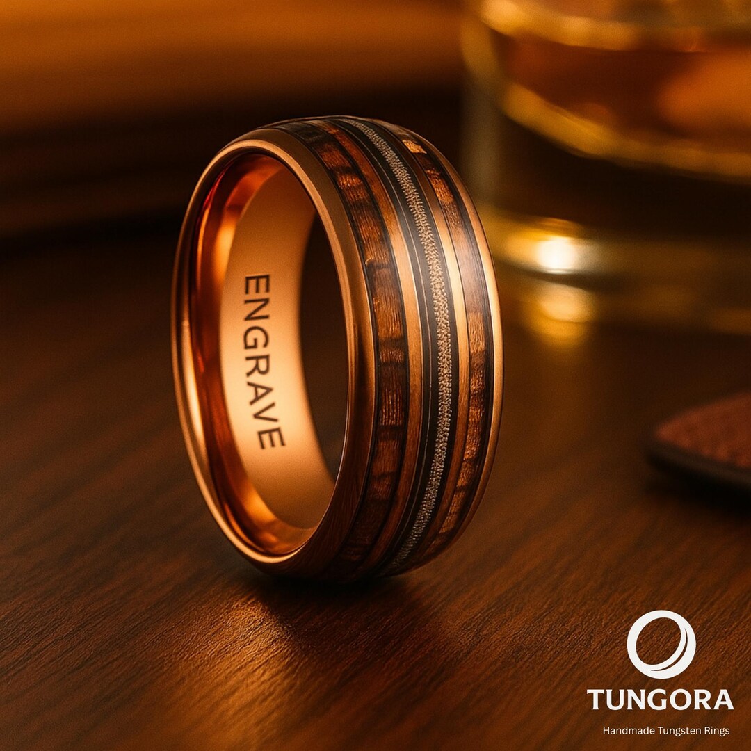 Whiskey Barrel Tungsten Ring: Rose Gold Coffee Plated Guitar String ...