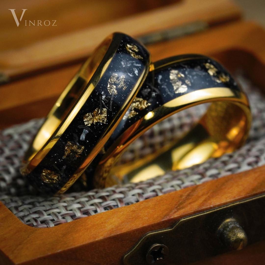 Black Galaxy Meteorite Ring With Gold Leaf Inlay – Men's Tungsten ...