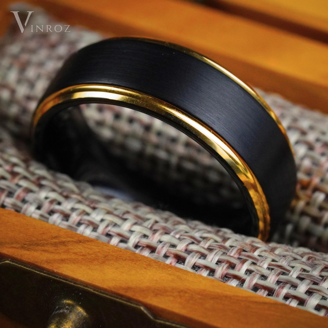 Mens Black and Gold Tungsten Ring - Elegant 8mm Polished Finish ...
