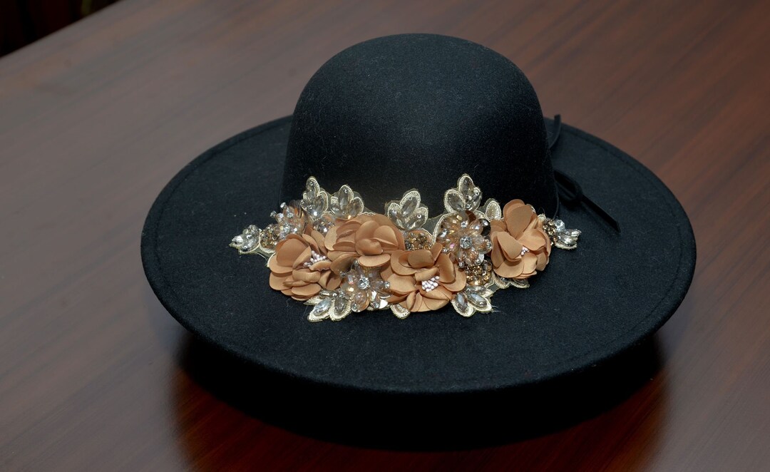 Elegant Black Wide-brim Hat With Floral Embellishments - Etsy