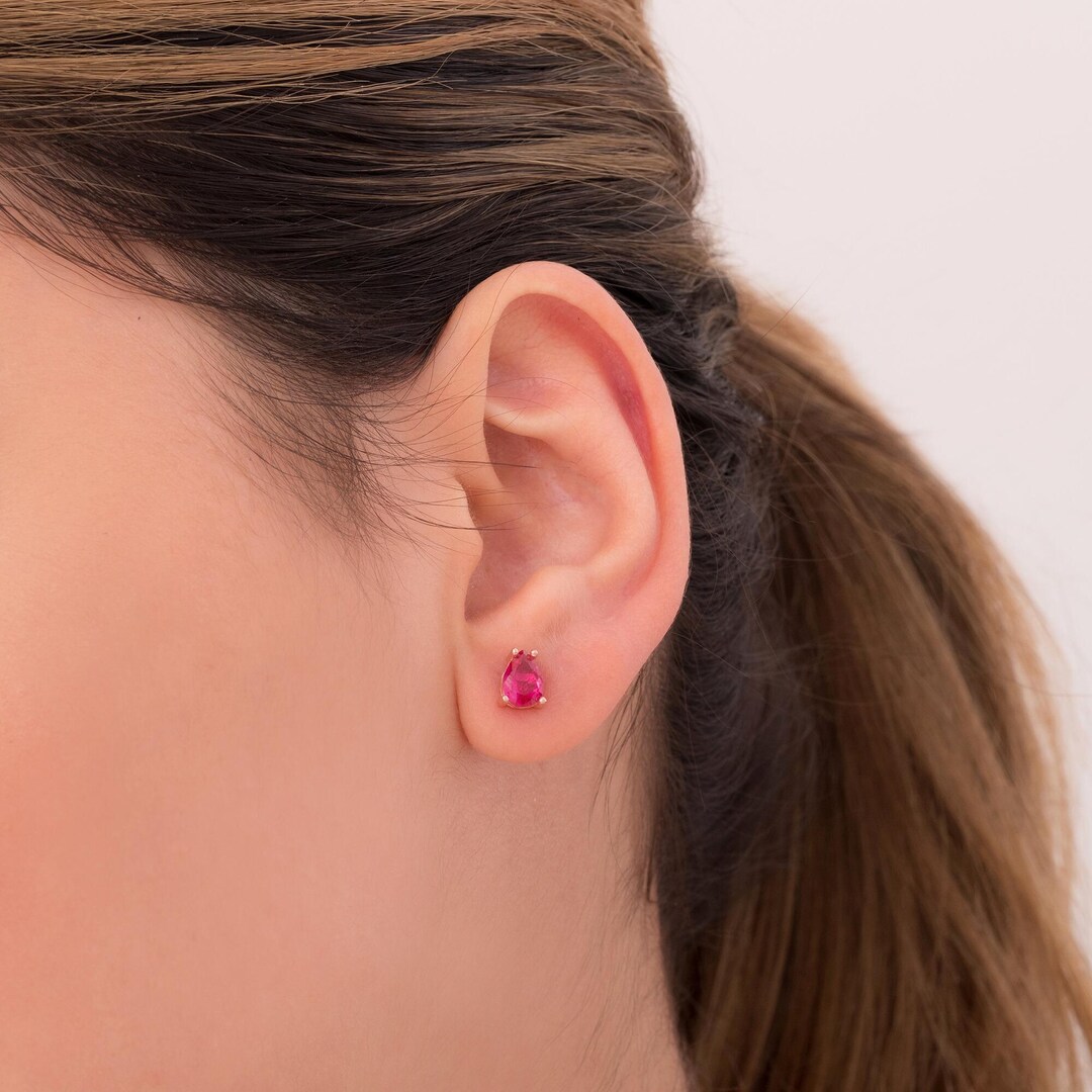 14k Gold Ruby Stud Earrings: Teardrop July Birthstone Jewelry - Etsy