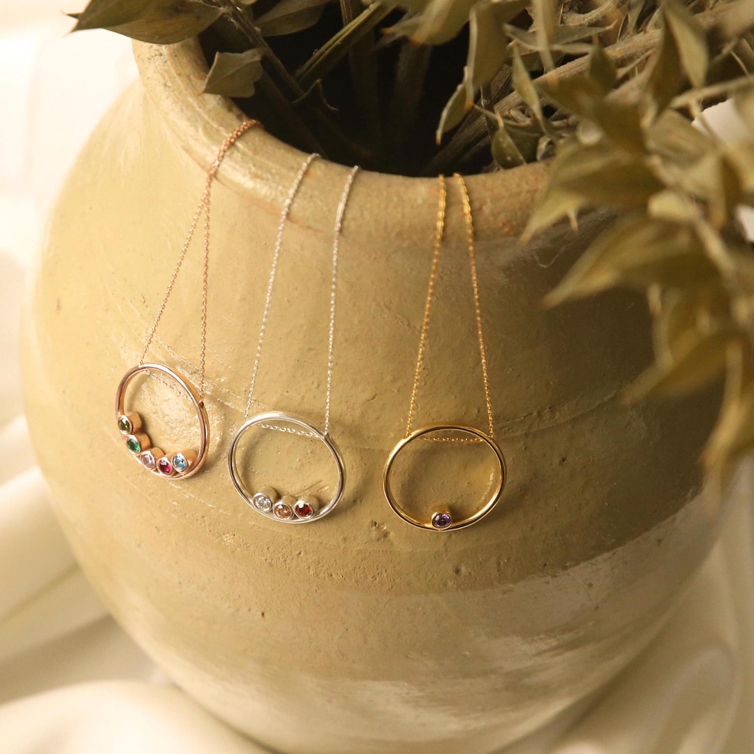 Personalized Birthstone Circle Pendant: 14k Gold or Sterling Silver ...