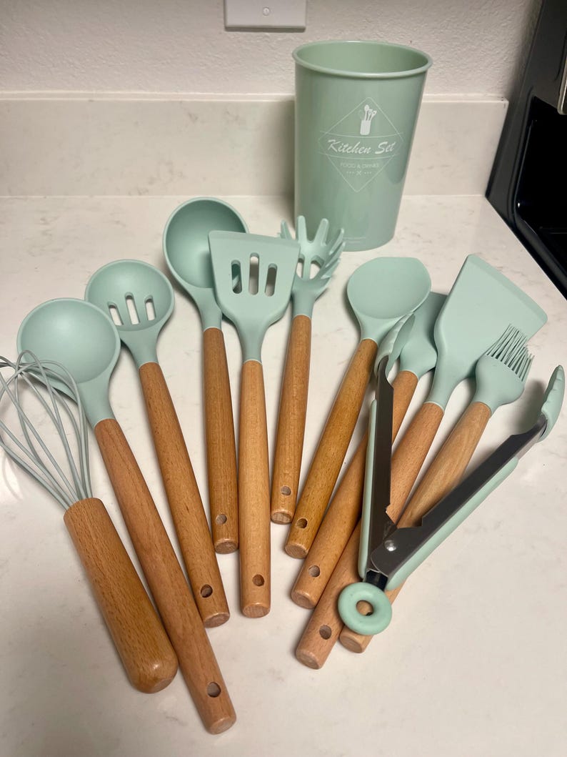 12-piece Non-stick Silicone Kitchen Utensil Set With Wooden Handles - Etsy