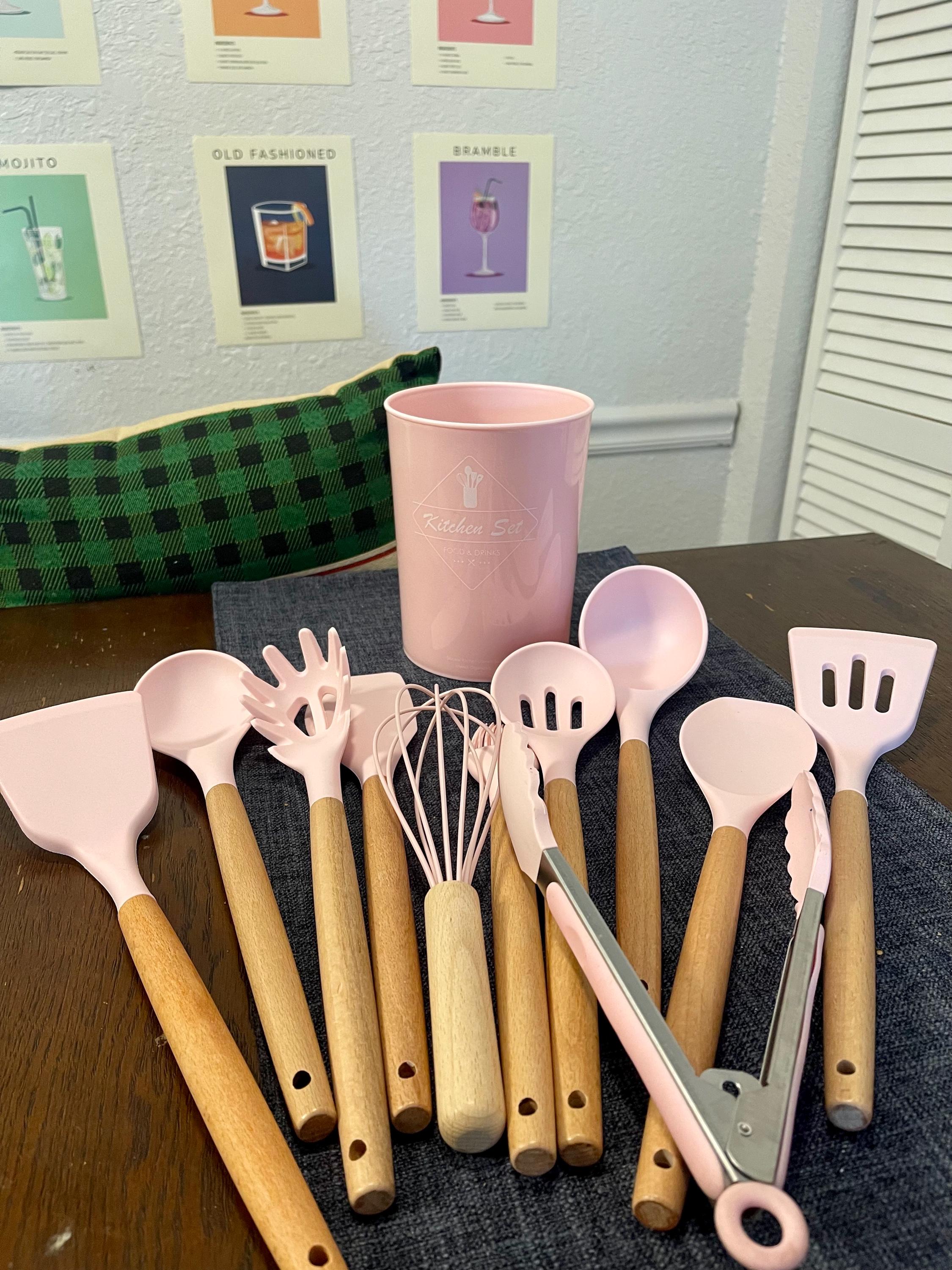 12-piece Non-stick Silicone Kitchen Utensil Set With Wooden Handles - Etsy