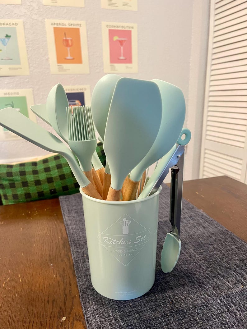 12-piece Non-stick Silicone Kitchen Utensil Set With Wooden Handles - Etsy