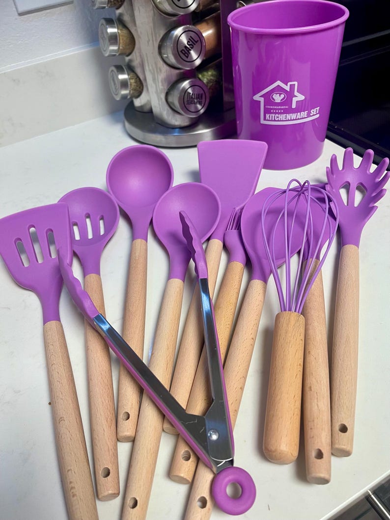 12-piece Non-stick Silicone Kitchen Utensil Set With Wooden Handles - Etsy