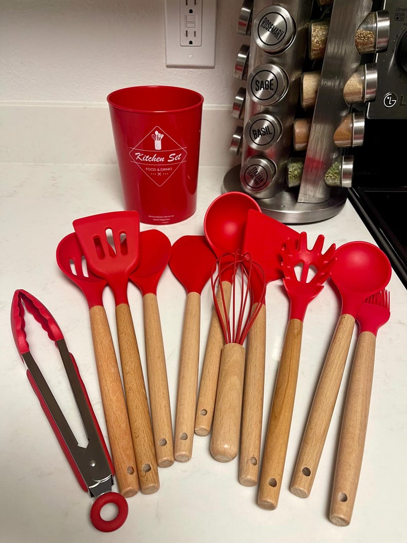 12-piece Non-stick Silicone Kitchen Utensil Set With Wooden Handles - Etsy