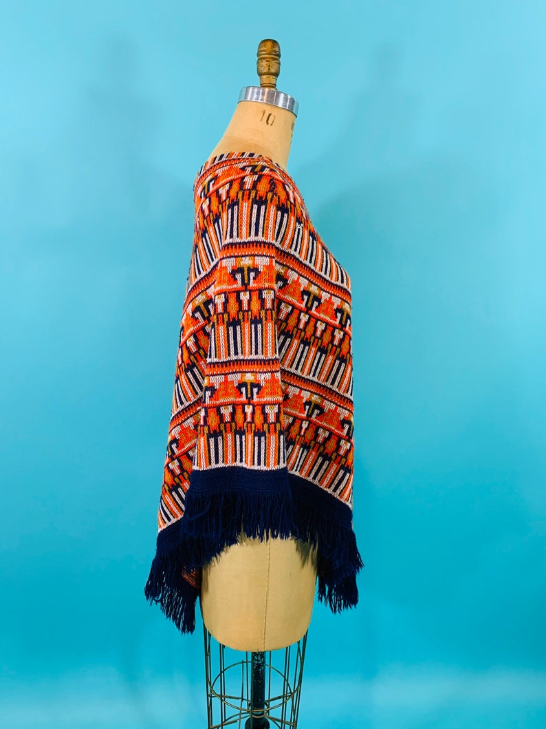 Vintage 1970s Knit Cape Bohemian Navy Ikat Sweater Top | Etsy