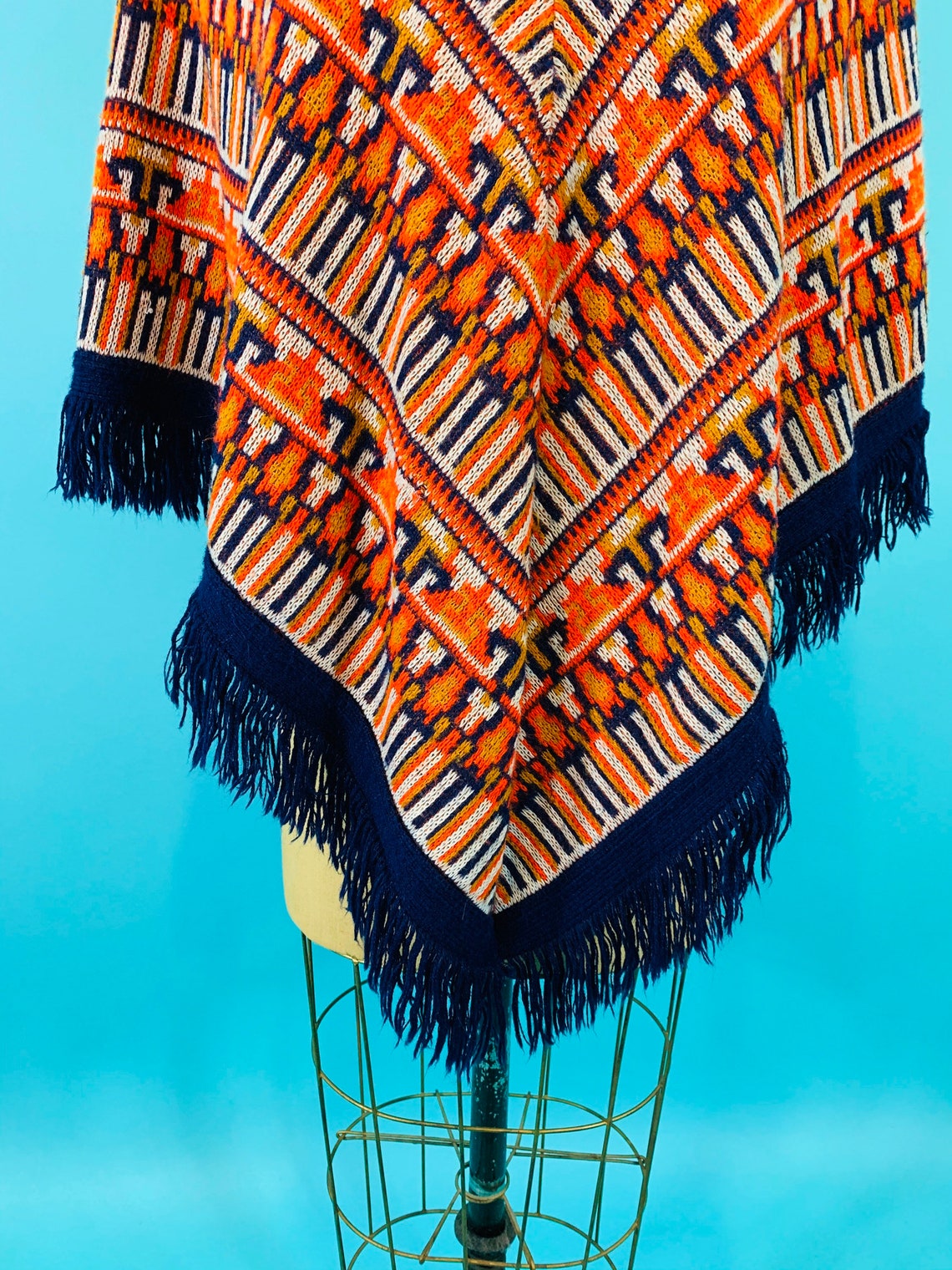 Vintage 1970s Knit Cape Bohemian Navy Ikat Sweater Top | Etsy