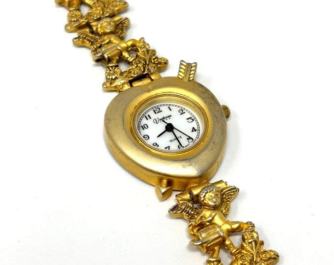 Victoria Lace Angel Watch Gold Tone Arrowed Heart Clock Watering ...