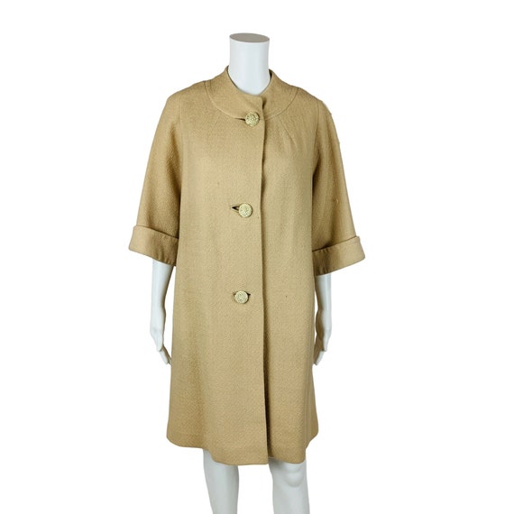 Vintage 1950s Tan Overcoat Knit 3 Quarter Sleeve Coat… - Gem