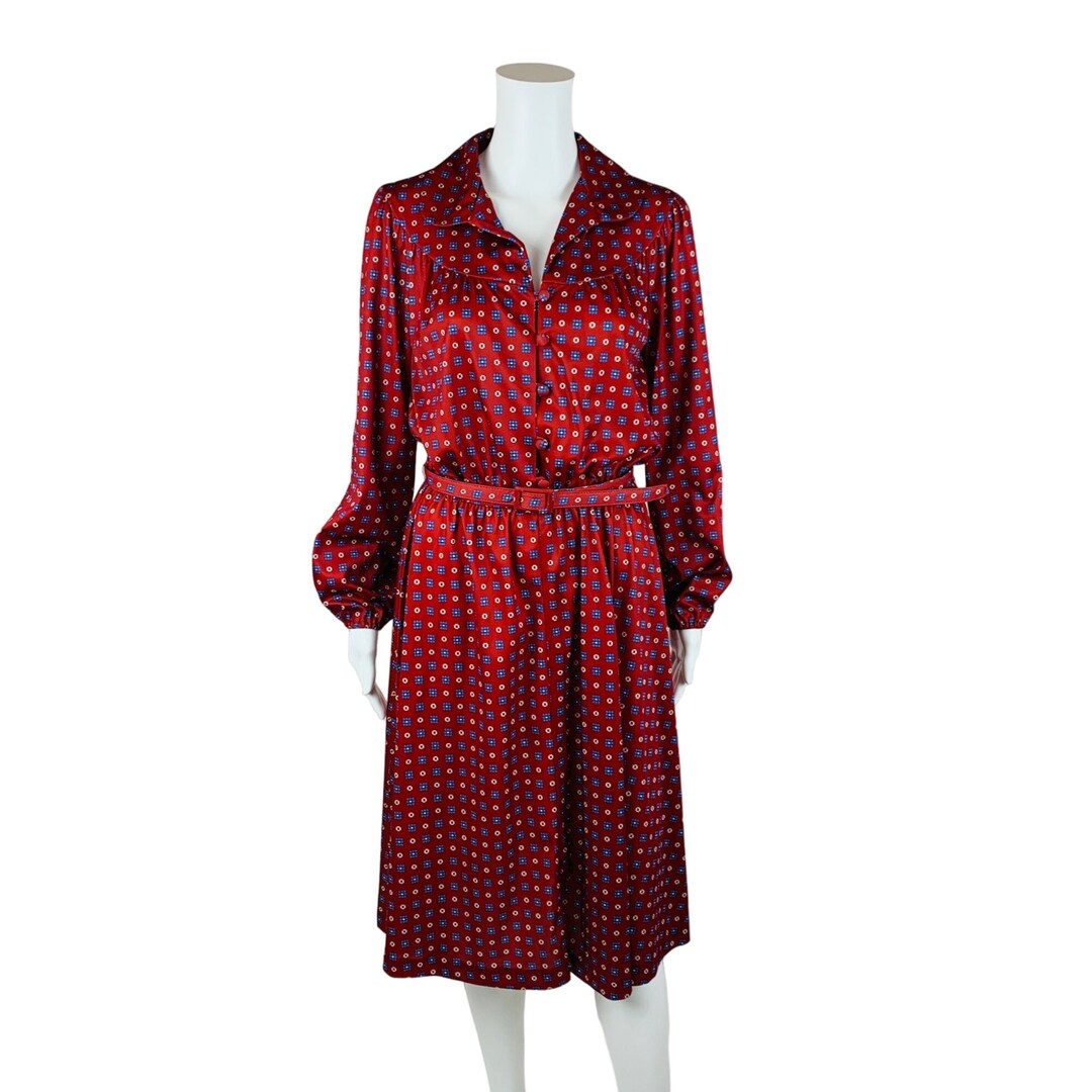 Vintage 1970s Belted Dress Red Blue Patterned Fit & Flare | W 28-40" - Etsy