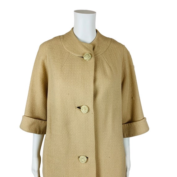Vintage 1950s Tan Overcoat Knit 3 Quarter Sleeve Coat… - Gem