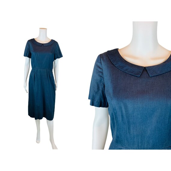 Vintage 1950s Navy Blue Sheath Peter Pan Collar Penci… - Gem