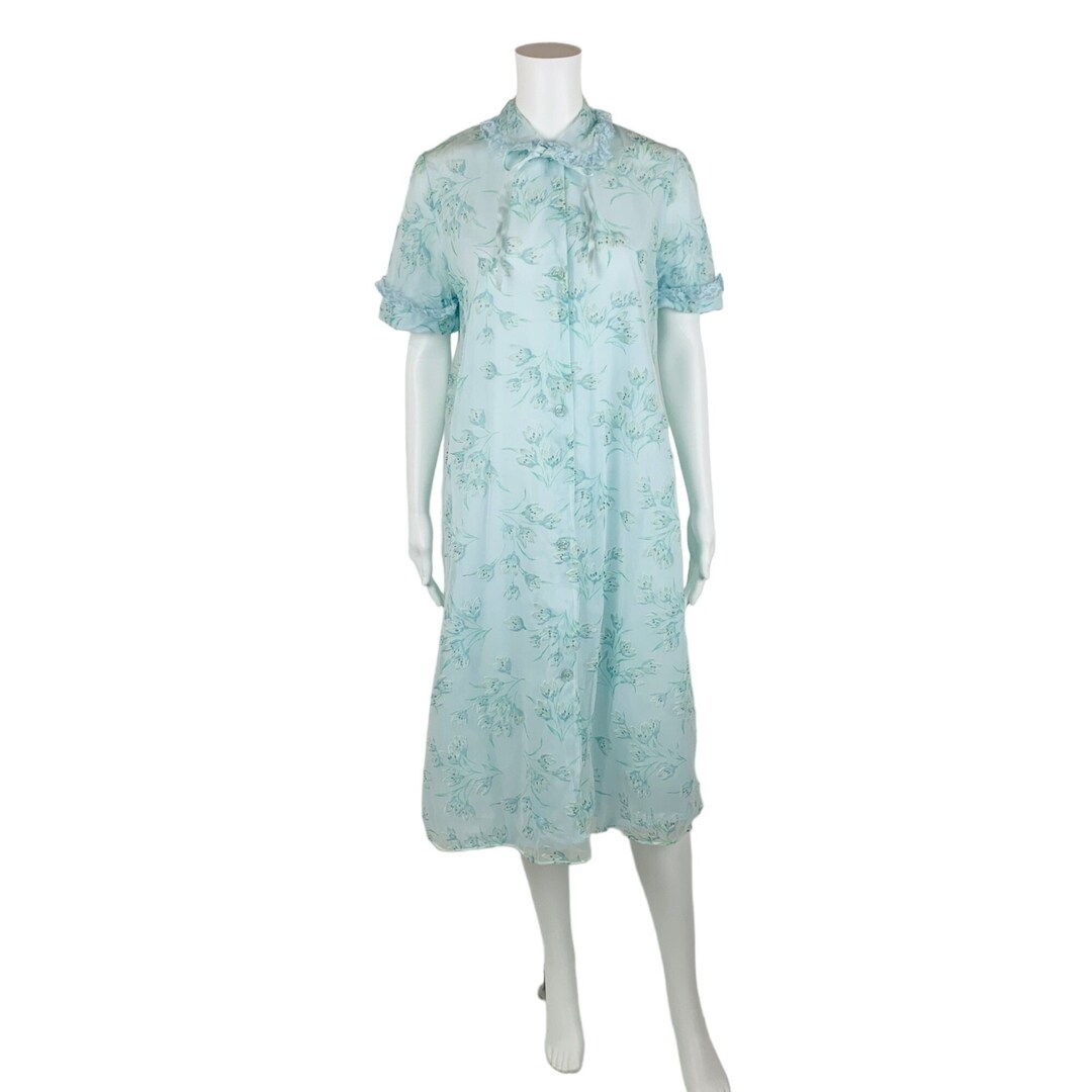 Vintage Baby Blue Robe Flocked Floral Print House Dress Glitter Buttons ...