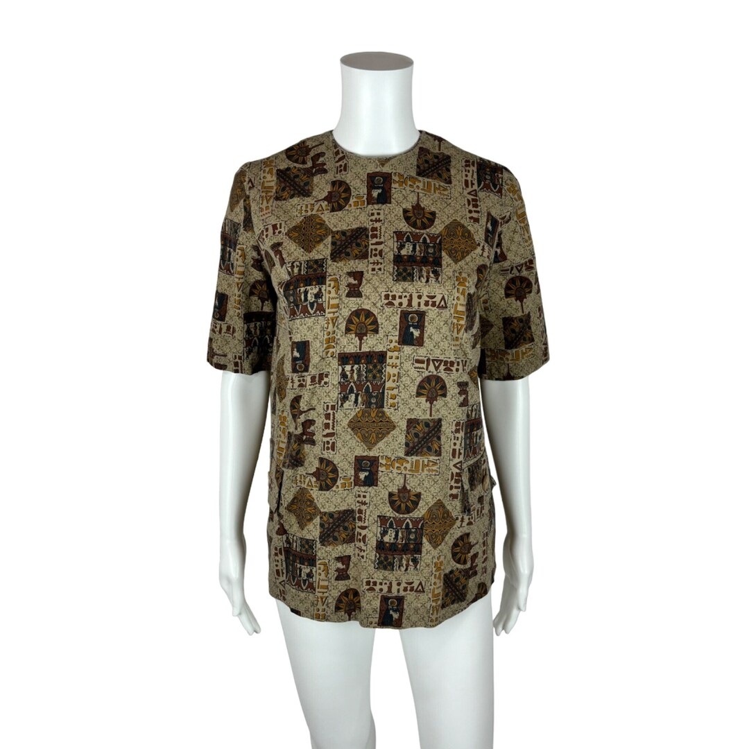 Vintage 50s Egyptian Top Women's Medium Novelty Print Brown Button Back ...