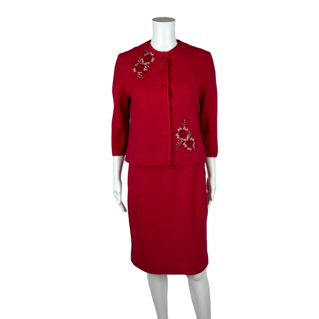 Vintage 60s Sweater Set Women's Extra Small Red Wool Cardigan Top Skirt ...