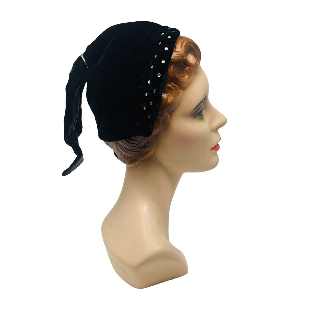Vintage 1940s Snood Hat Black Velvet Rhinestone Headband Old Hollywood ...