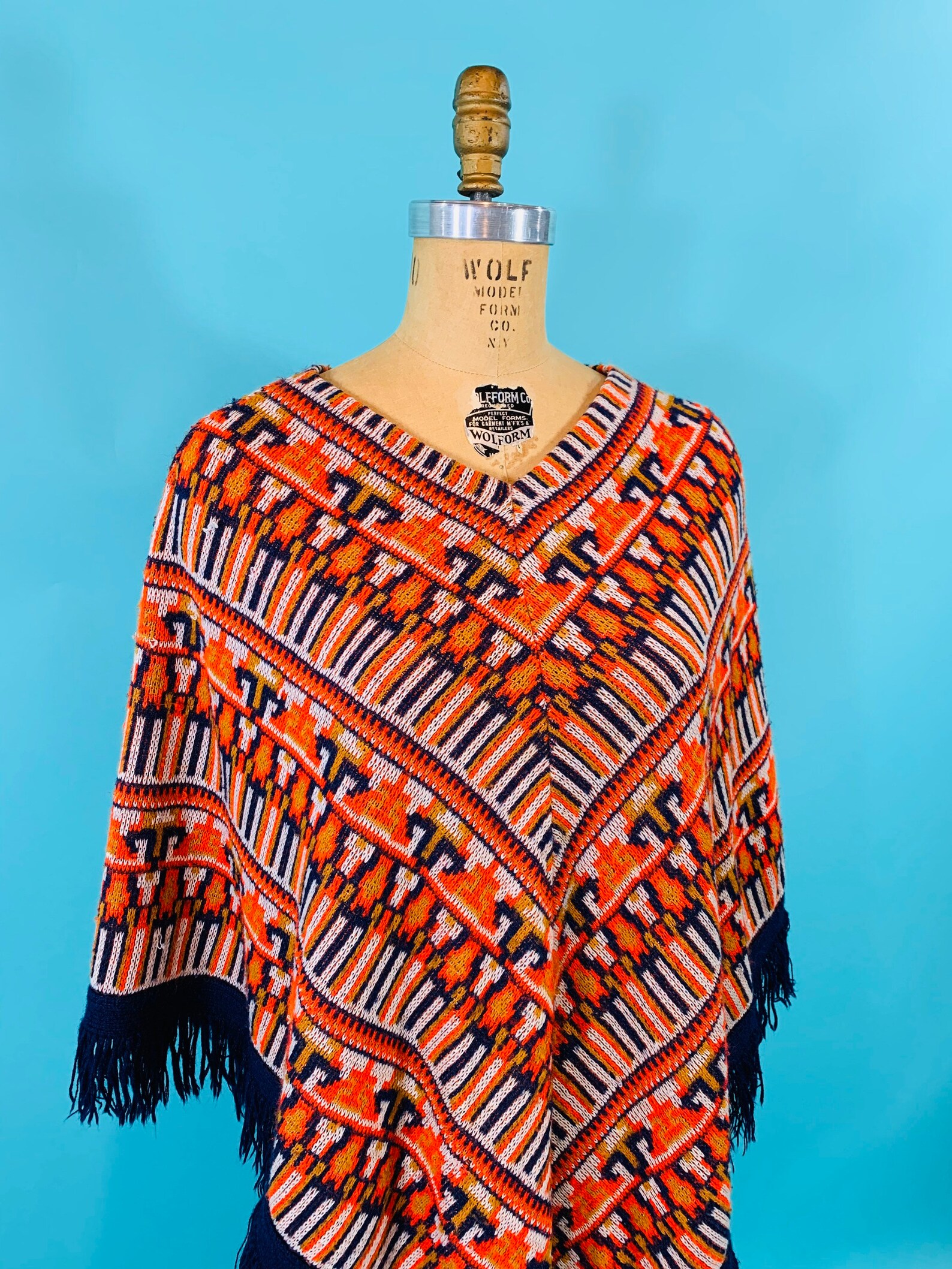 Vintage 1970s Knit Cape Bohemian Navy Ikat Sweater Top | Etsy