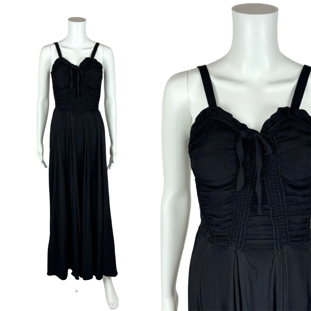Vintage 40s Formal Gown Women's Extra Small Black Shirred Gathered ...