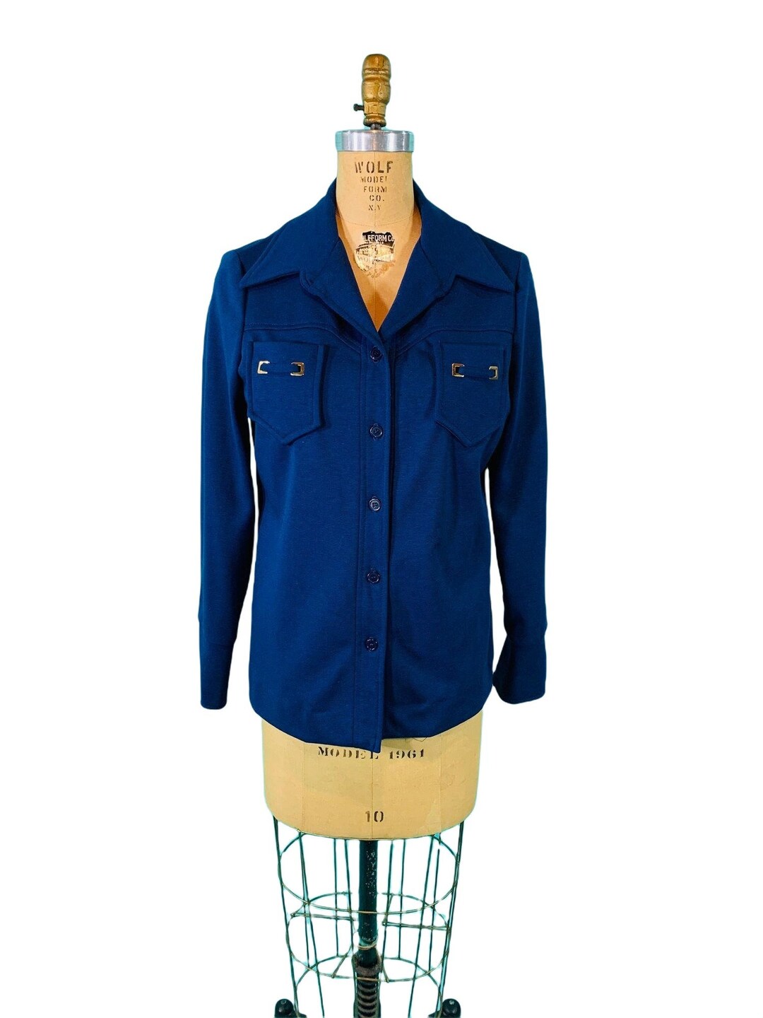 Vintage 1970s Cobalt Blue Top Bust Pockets Polyester Button Down B 40 ...
