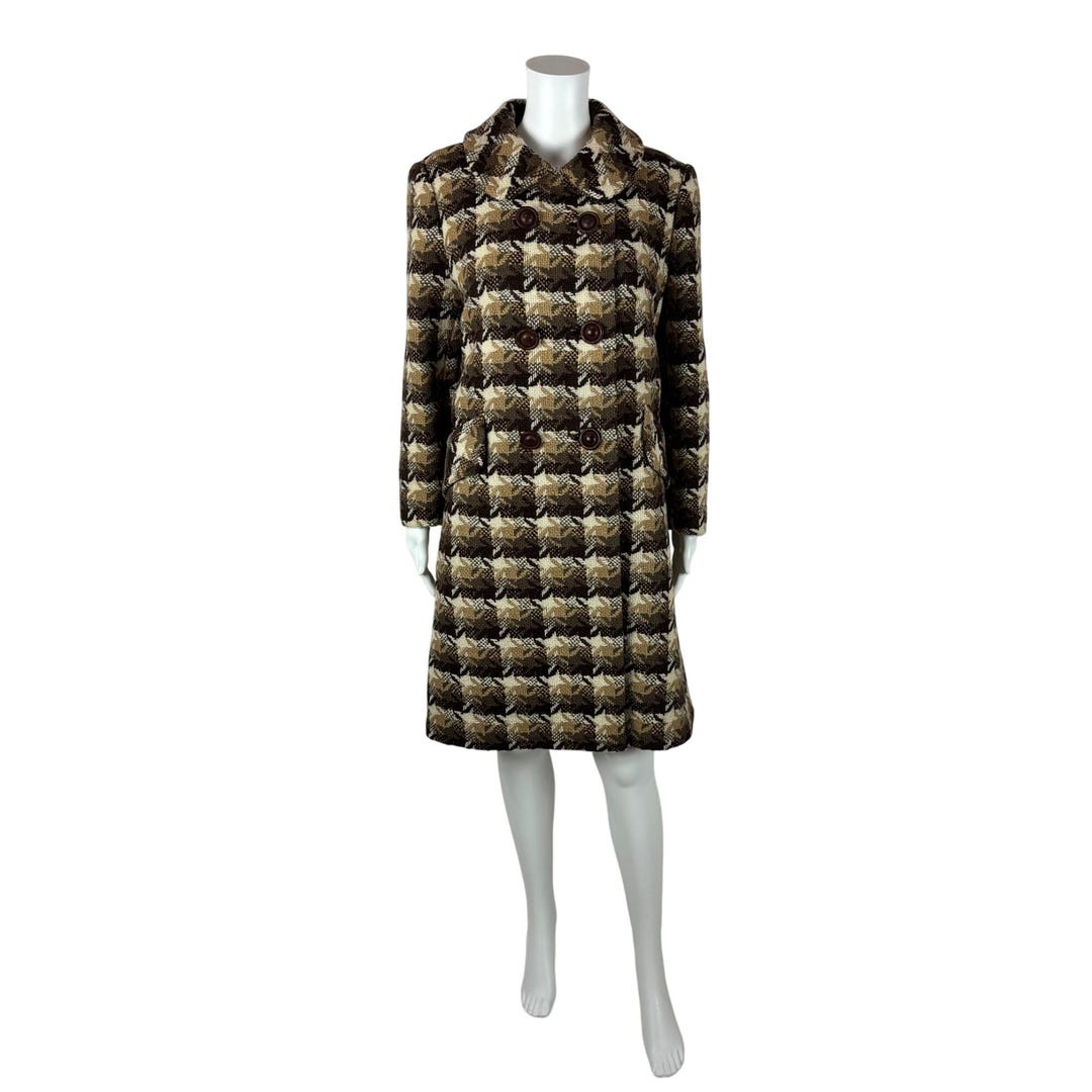 Vintage 60s Houndstooth Coat Women's L Brown Wool Mod Wood Buttons ...