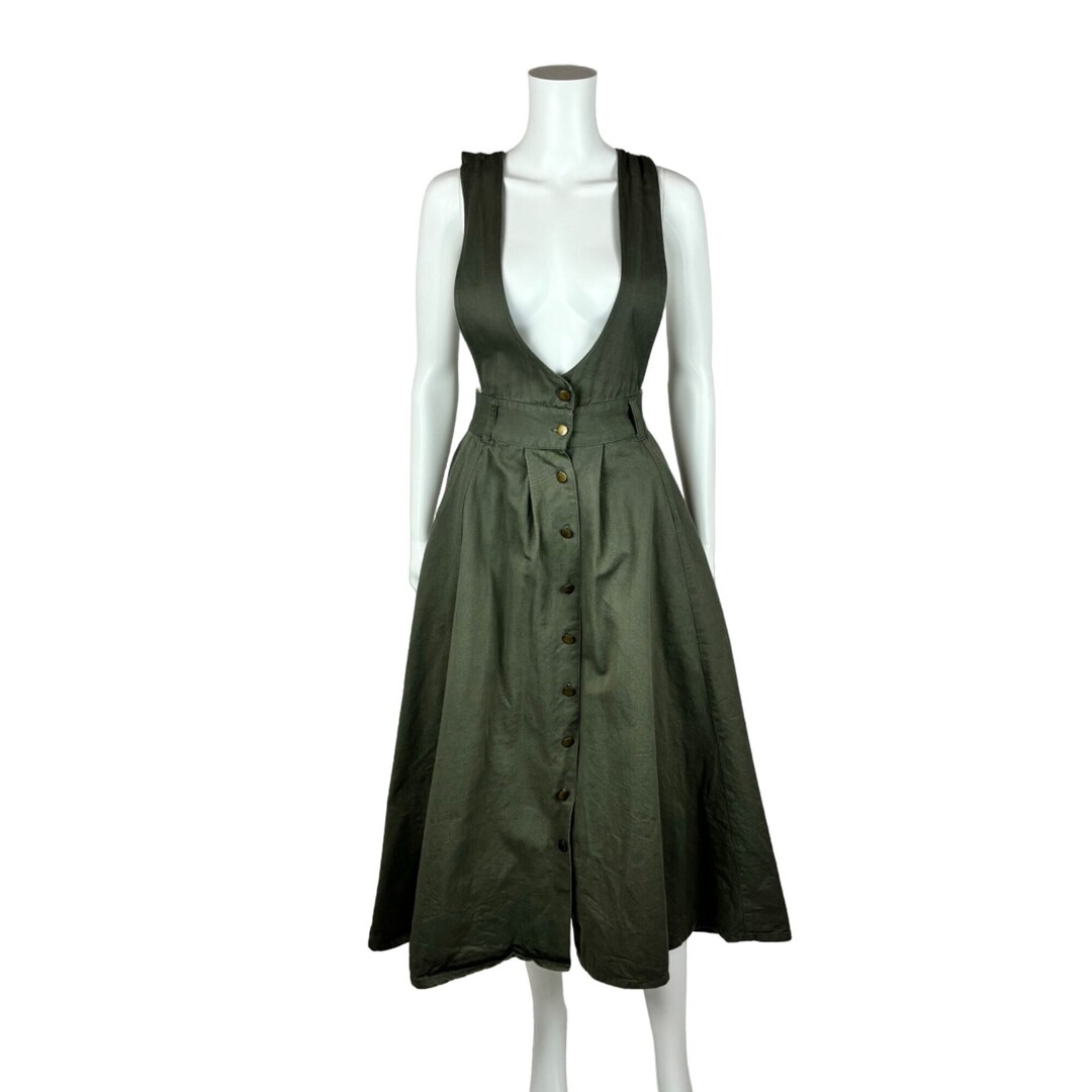 Vintage 90s Pinafore Dress Olive Green Button Down Overalls - Etsy