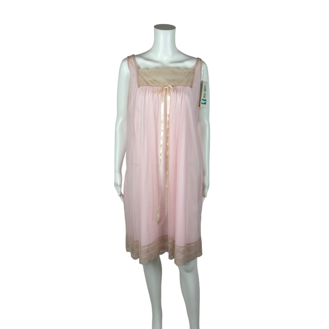 Vintage 60s Pink Nightie Women's Extra Large DEADSTOCK Chiffon Babydoll ...