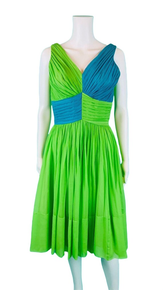 Vintage 1960s Colorblock Dress Blue Green Chiffon Coc… - Gem