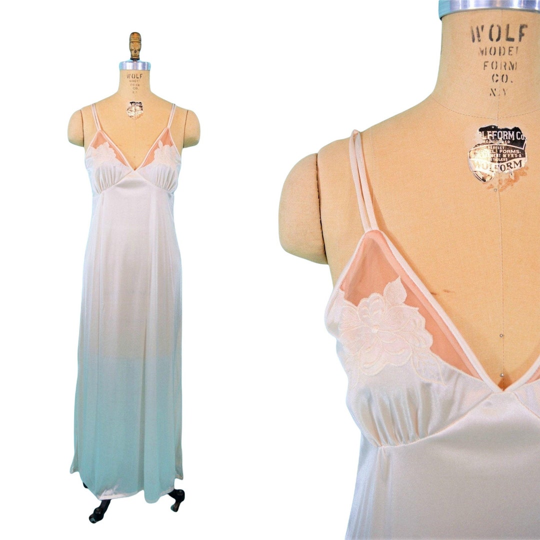 Vintage 1980s Beige Negligee Satin Embroidered Glorett Nightgown B 34 ...