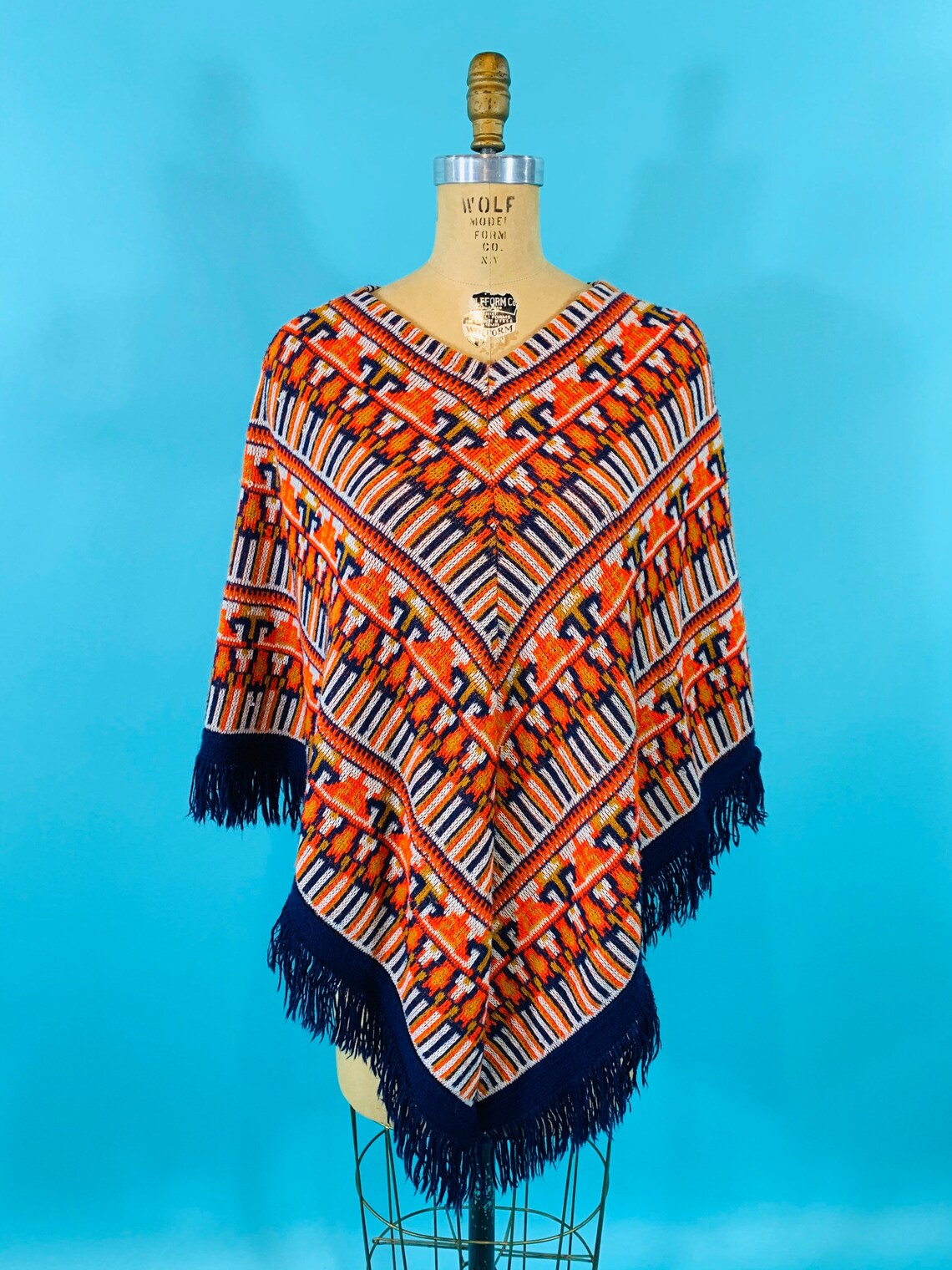 Vintage 1970s Knit Cape Bohemian Navy Ikat Sweater Top | Etsy