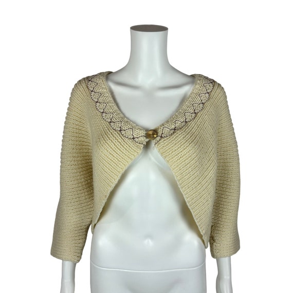 Vintage Crochet Shrug Beige One Button Handmade Sweat… - Gem