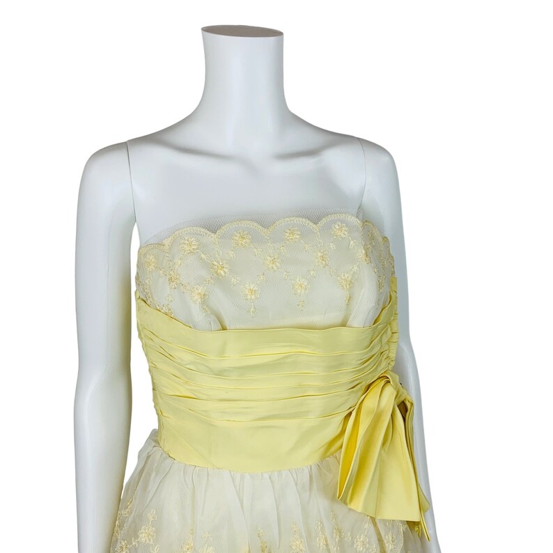 Vintage 1950s Prom Dress Pale Yellow Sash Embroidered Shelf Bust ...