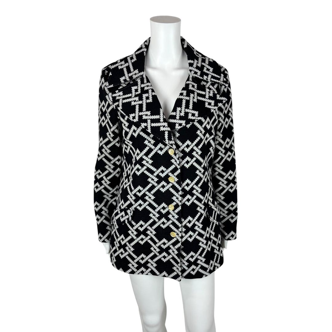Vintage 70s Mod Blazer Women's Extra Large Black White Geometric Jacket ...