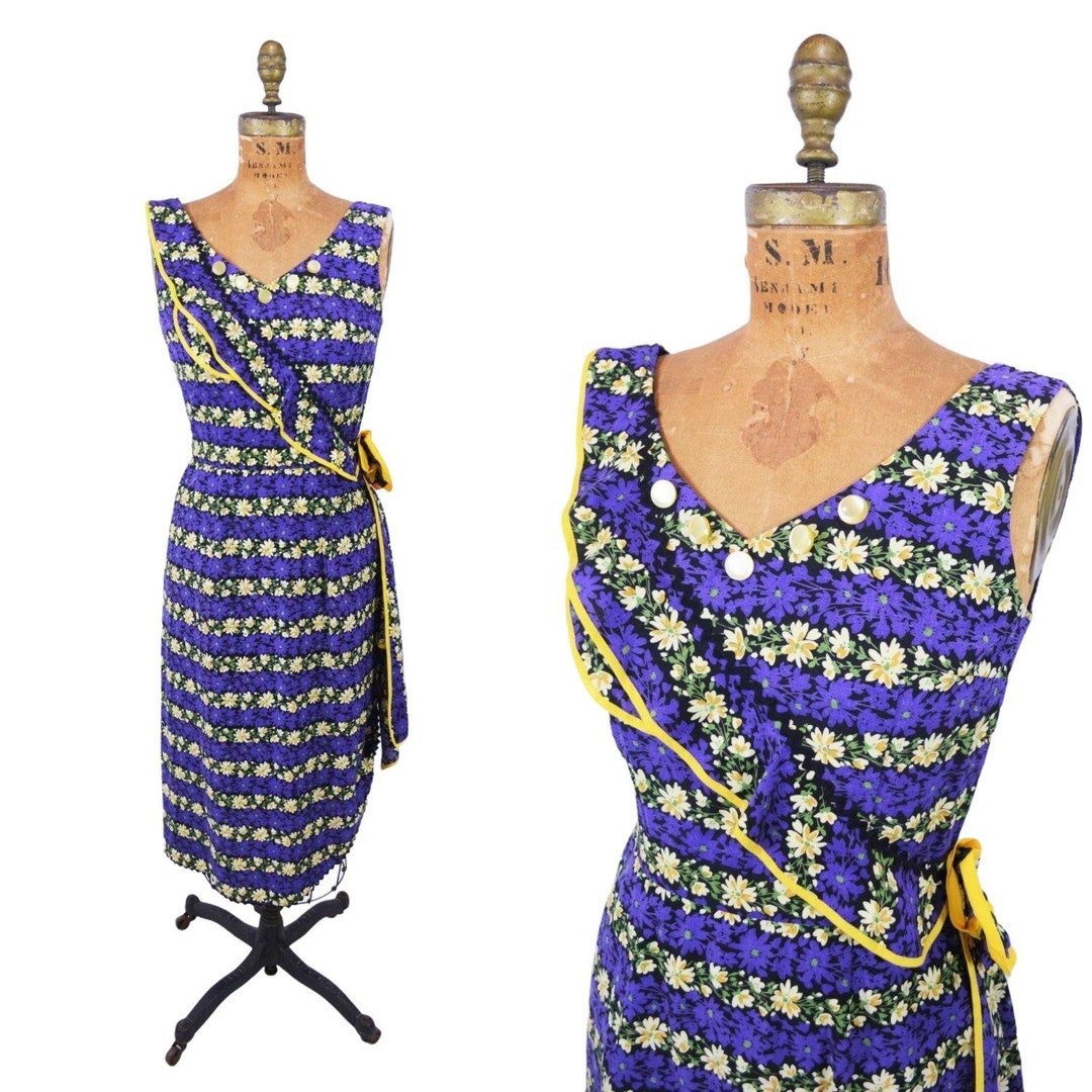 Vintage 50s Style Tropical Sarong Dress Floral Purple Yellow Pinup W 26 ...
