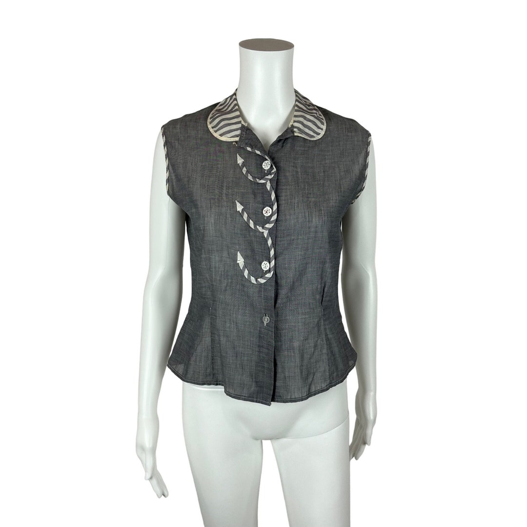 Vintage 50s Gray Blouse Women's Medium Embroidered Arrows Striped ...