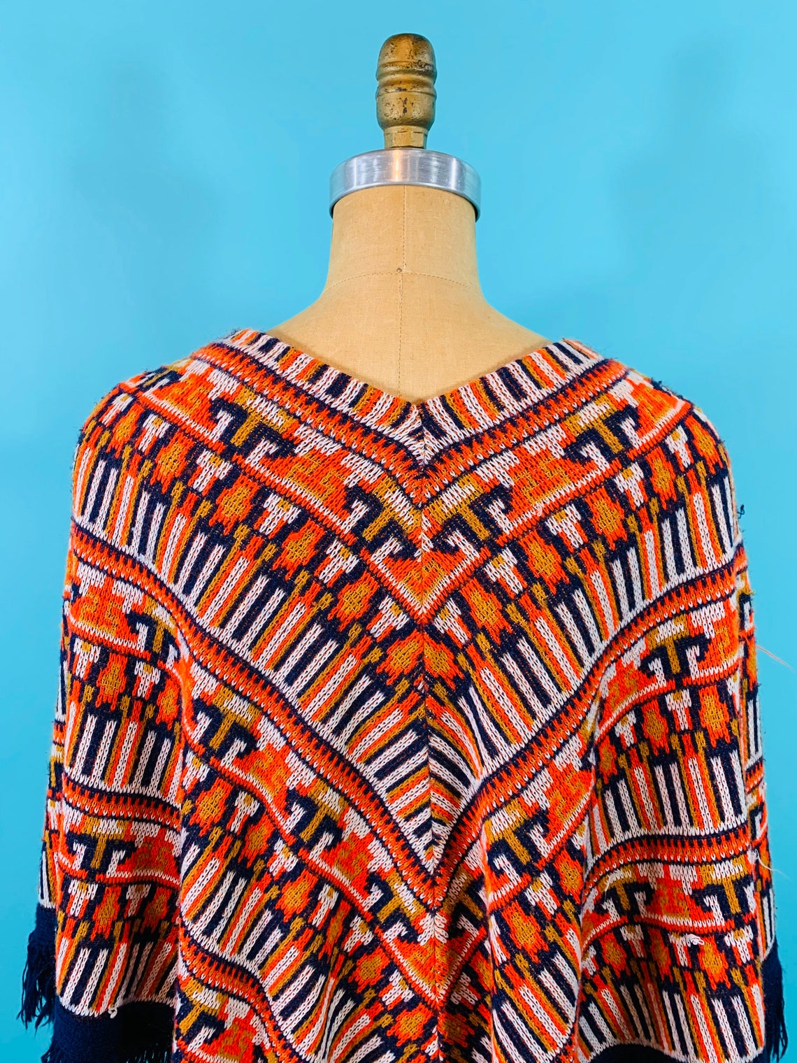 Vintage 1970s Knit Cape Bohemian Navy Ikat Sweater Top | Etsy