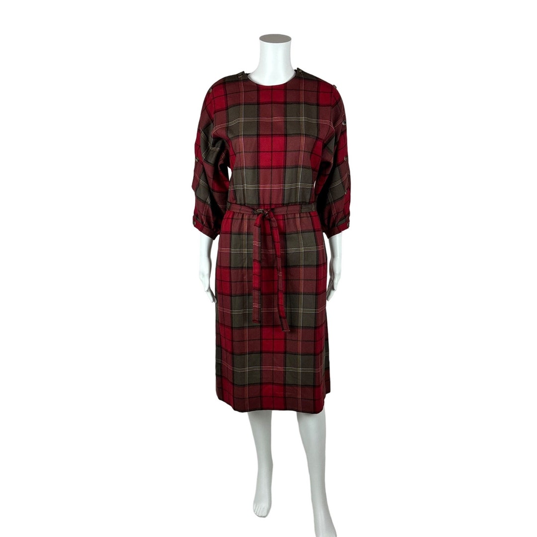Vintage 80s Plaid Dress Women's Large Red Wool Long Button Sleeves ...