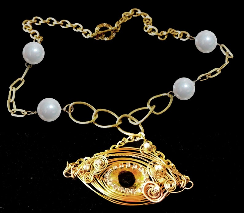 Golden Wire Worked Dragon Eye With Rhinestones and Gold Plated Chain - Etsy